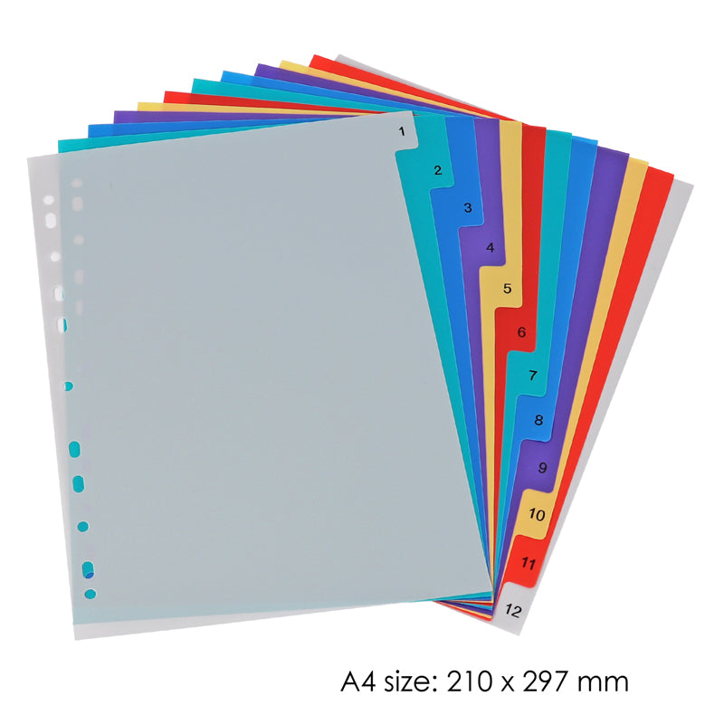 12 Part A4 PP Coloured Index Filing Dividers– Choice Wholesale