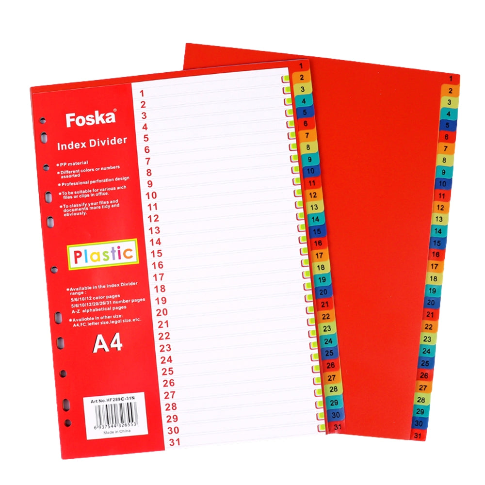 A4 Coloured Plastic 31 Part Tabbed Index Dividers - File– Choice Wholesale