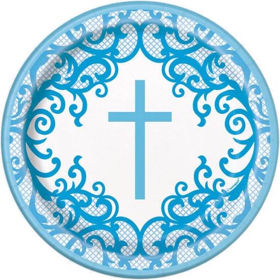 Pack of 8 Fancy Blue Cross Round 7" Dessert Plates– Choice Wholesale