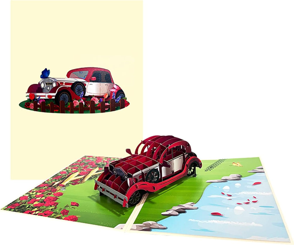 Vintage Red Car 3D Pop Up Greeting Card - Birthday Holiday Event ...