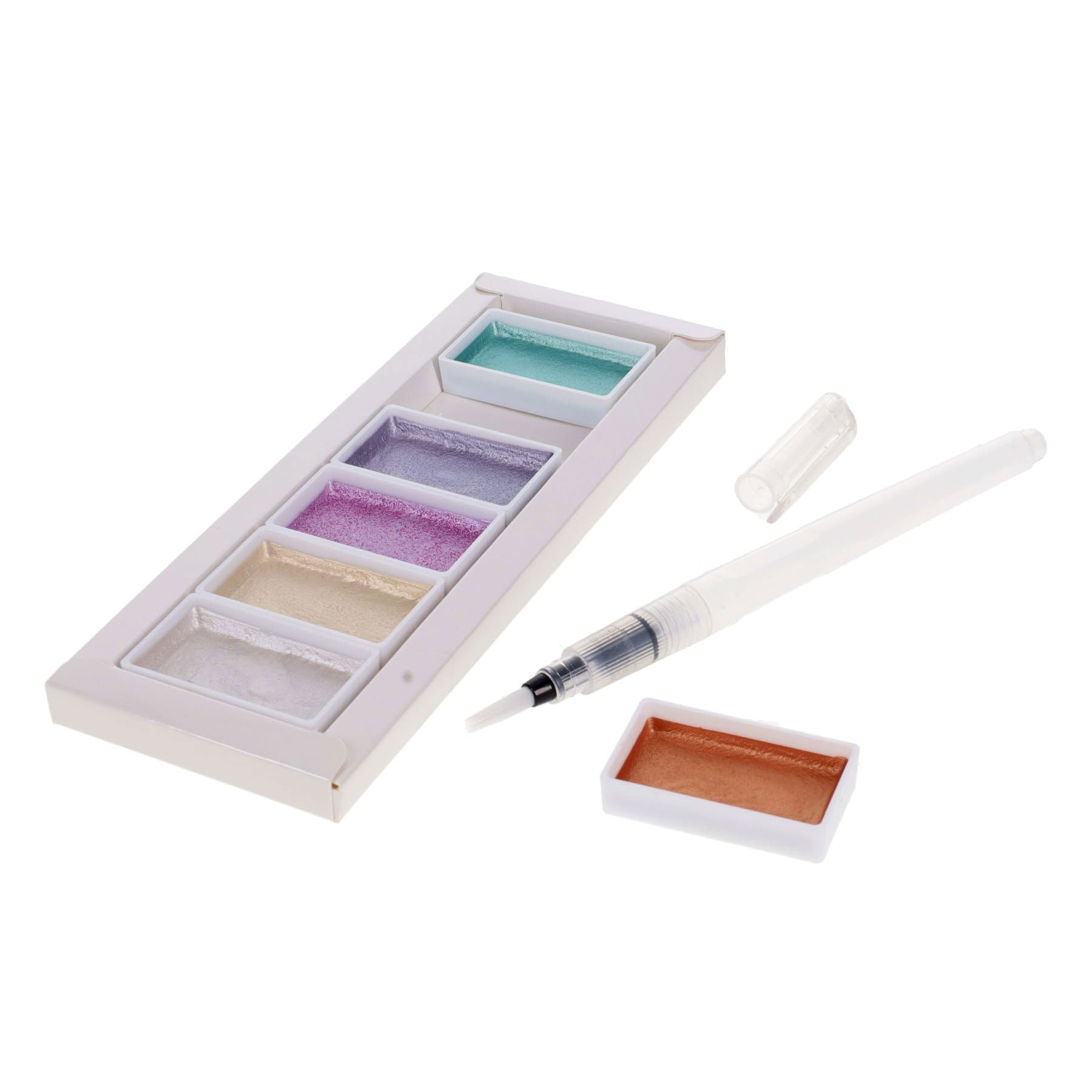 Pack of 6 Pastel Metallic Watercolour in Palette & Refillable Water Br ...